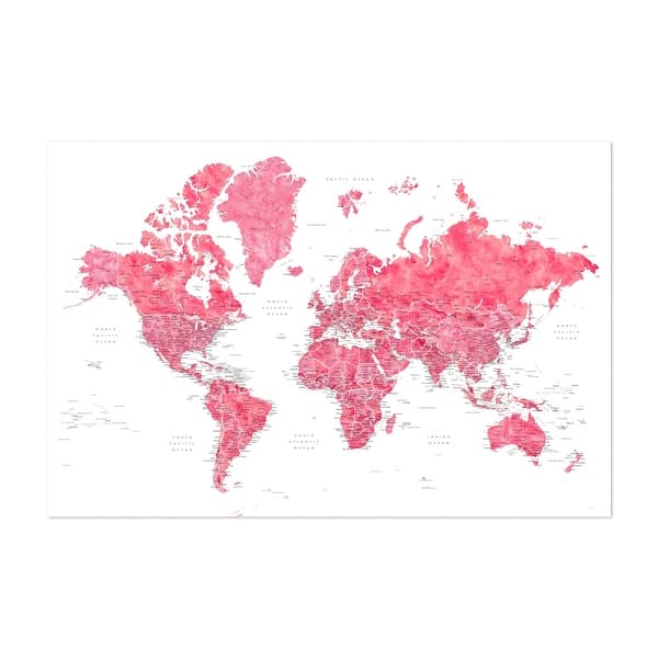 Hot pink detailed watercolor world map with cities Art Print/Poster ...