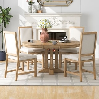 Farmhouse 5-Piece Dining Table Set, Extendable Round Table and 4 Upholstered Chairs, Solid Wood ...