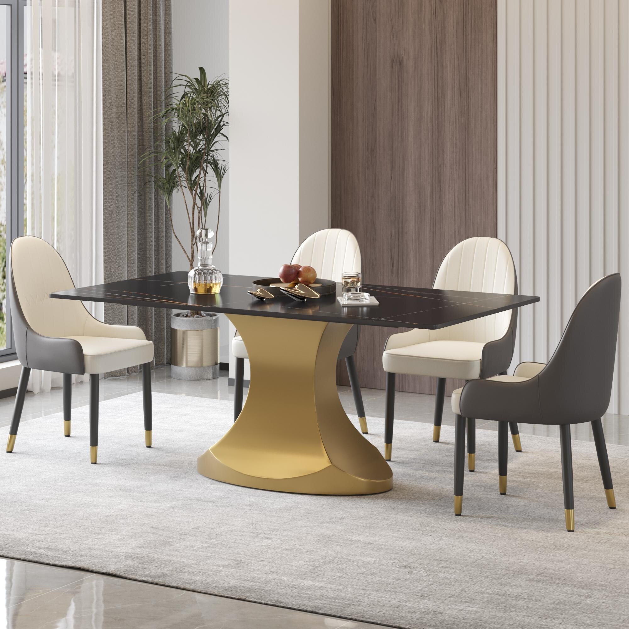 Rectangular Dining Table, Faux Marble Kitchen Dining Table with Gold ...