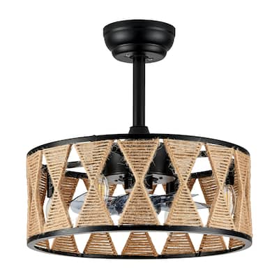 Netin 13" Rustic Rattan/ Hemp Rope Caged Black Ceiling Fan With Light ...