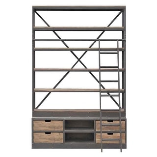 96 Inch Bookcase with Ladder, 4 Drawers, 7 Shelves, Distressed Black ...