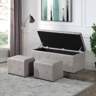 Beige Rectangular Storage Ottoman Fabric Linen 2 Ottomans (Set of 3 ...