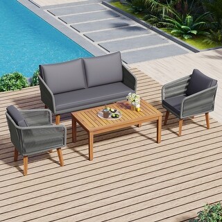 4-Piece Patio Conversation Set, Solid Wood Loveseat, 2 Chairs and Table ...