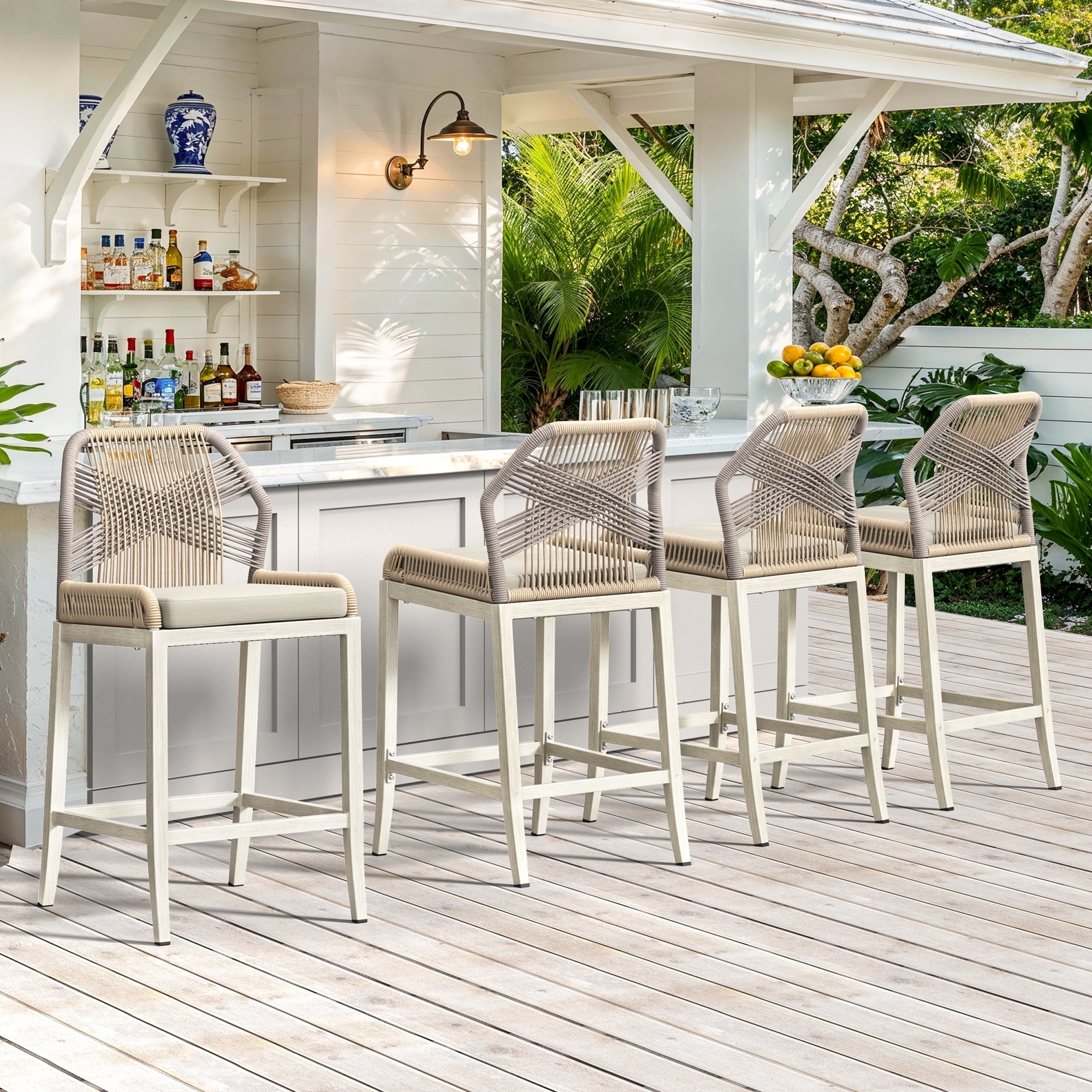 4 Set Modern Aluminum Twill Wicker Woven Outdoor Bar Stool Chair Set Counter Height Stool with Back and Cushion 40.6 H Bed Bath Beyond 40856097