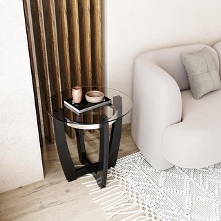 Round Glass End Table, 26" Solid Wood Side Table with Tempered Glass ...