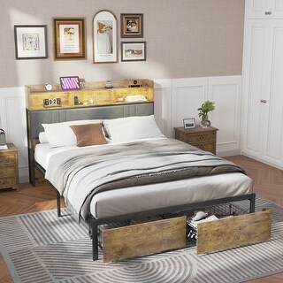 Rustic Cottage Style Queen Size Upholstered Platform Bed with Storage ...