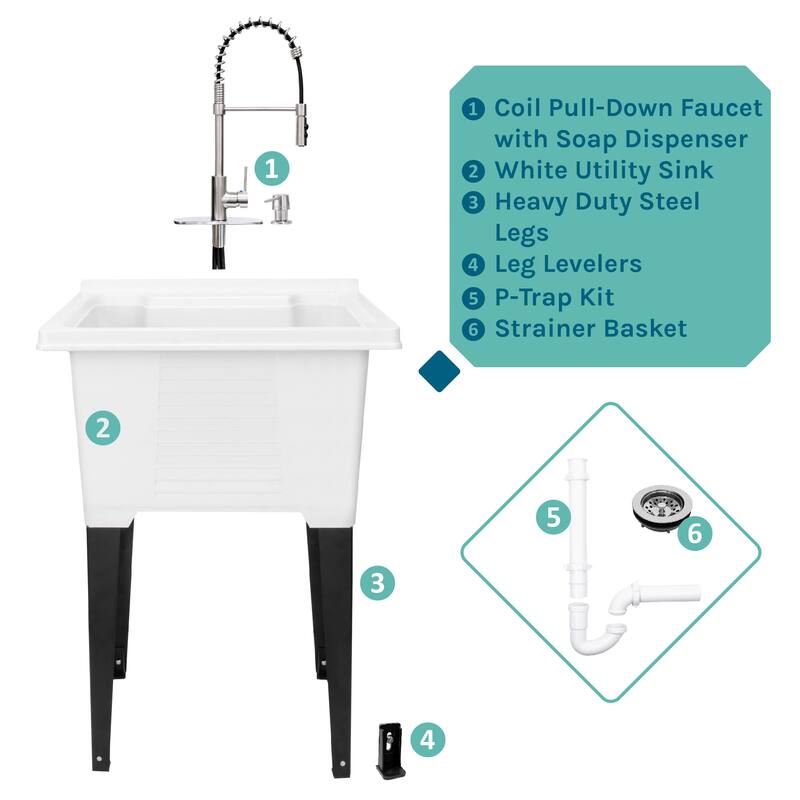 TEHILA Glossy White Utility Sink Laundry Tub with High Arc Coil Faucet ...