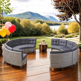 8-pieces Outdoor Round Sofa Set With Water-resistant Cushions, Grey ...