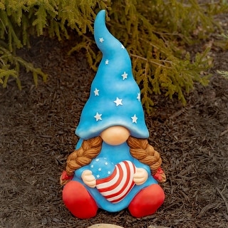 Magnesium Garden Gnome Girl Sitting Holding American Flag Heart - Bed ...