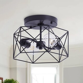 Industrial 2-Light Black Metal Geometric Frame Semi Flush Mount Ceiling ...