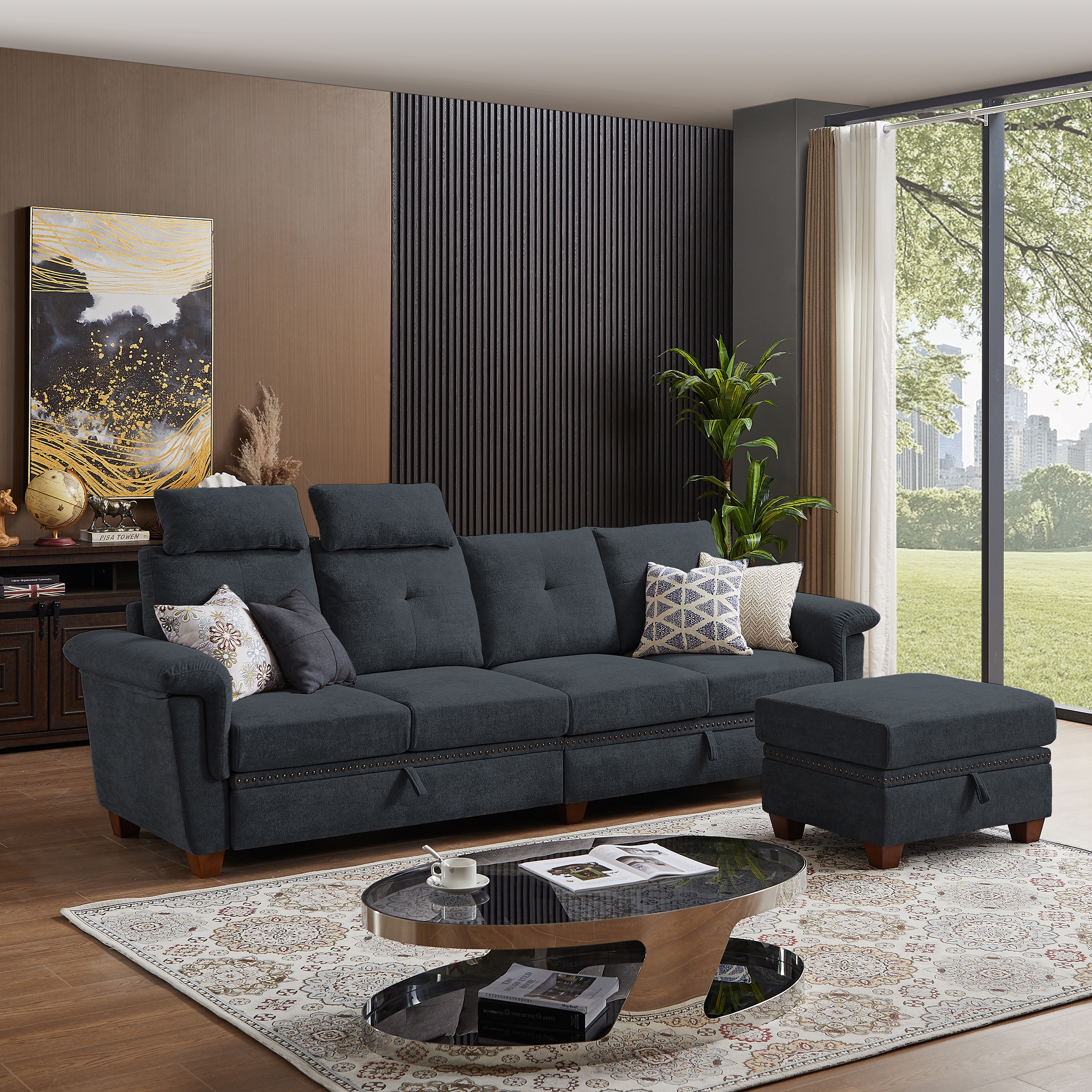 109 Modern 4 Seaters Towelling Sectional Sofa with Hidden Coffee Table and Large Storage Space On Sale Bed Bath Beyond 38189439