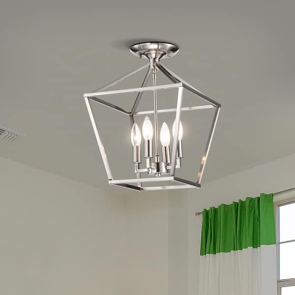 Brushed Nickel 4-Light 12 in. Cage Lantern Farmhouse Semi-flush Mount ...