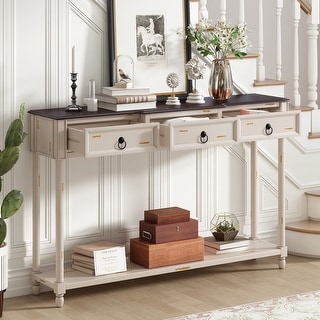 Rustic Wood Console Table Beige Entryway Table with 3 Storage Drawers ...