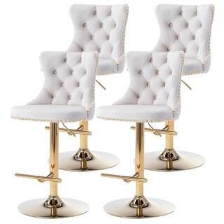 Velvet Bar Stools Set of 4, Gold Swivel Bar Stools with Nailed Trim and ...