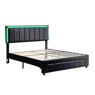 Upholstered Queen Platform Bed with LED Lights & Motion-Activated Night ...