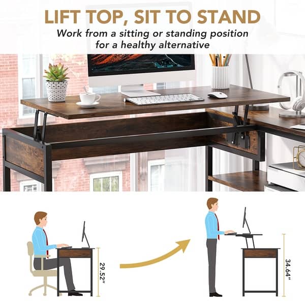 Lift Top L Shaped Computer Desk Corner Desks with Storage Shelves for ...