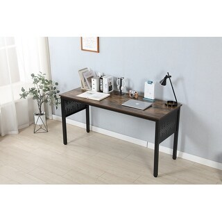 Black Home Office Desk Workstation with Metal Decorative Panel - Bed ...