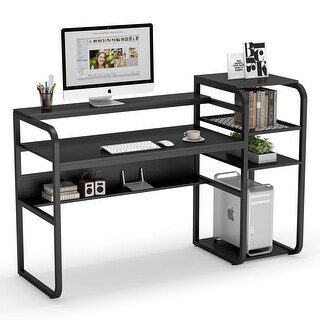 57 inch Computer Desk with Storage Shelves and Hutch, Office Desk with ...