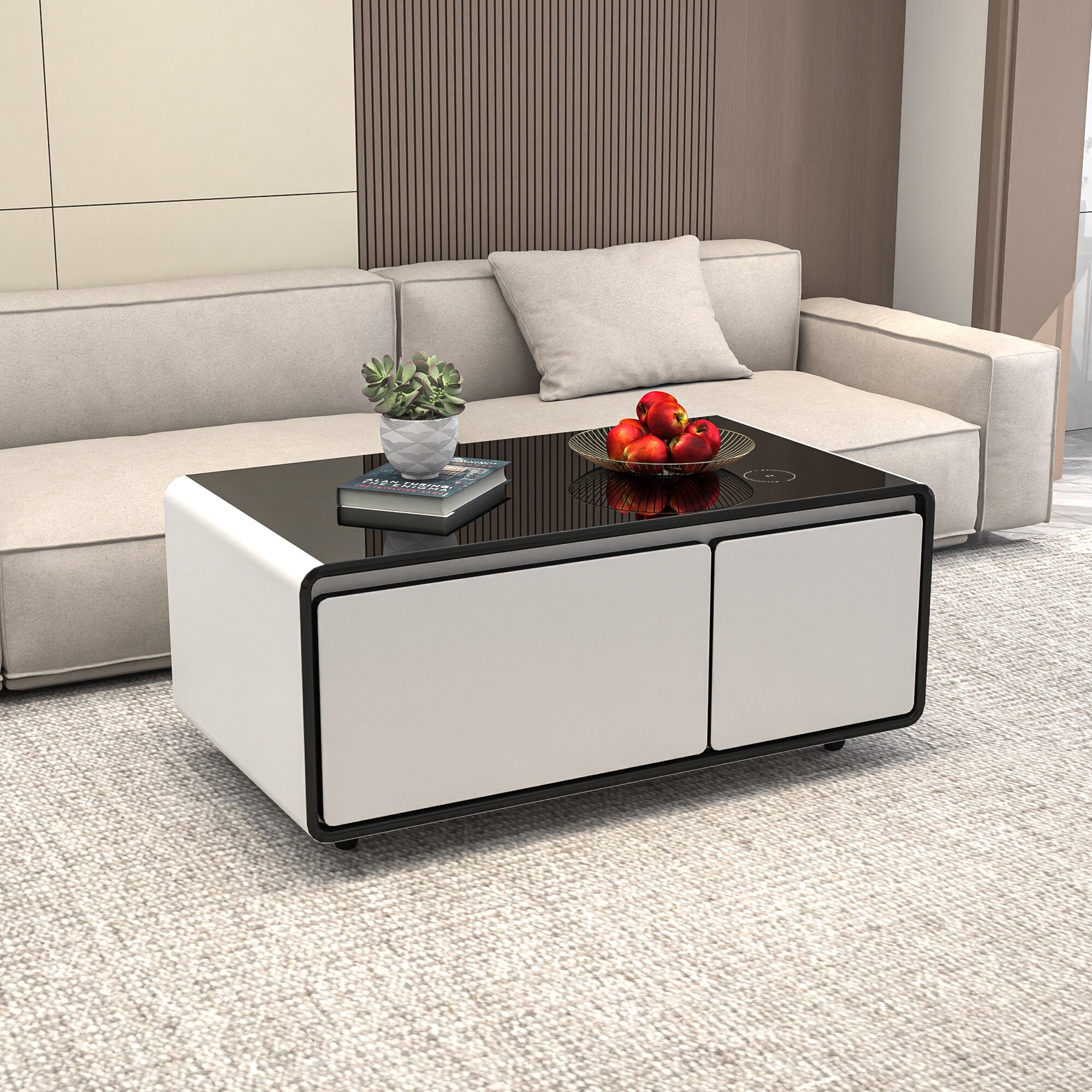 Versatile Coffee Table Smart Table Fridge w/ Wireless Charging, White ...
