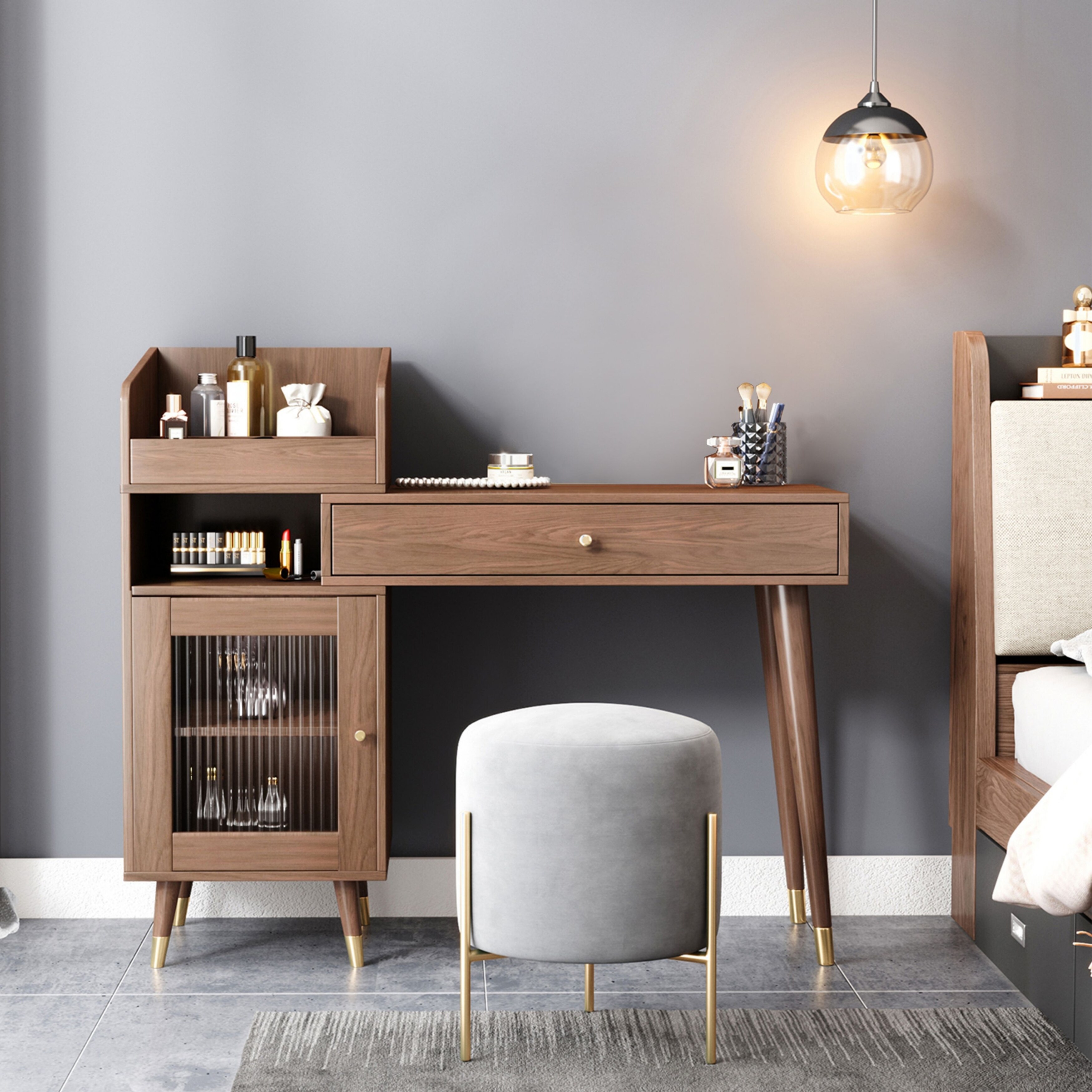 Mid-century Modern Makeup Vanity Table Set, LED Mirror, Tempered Glass ...