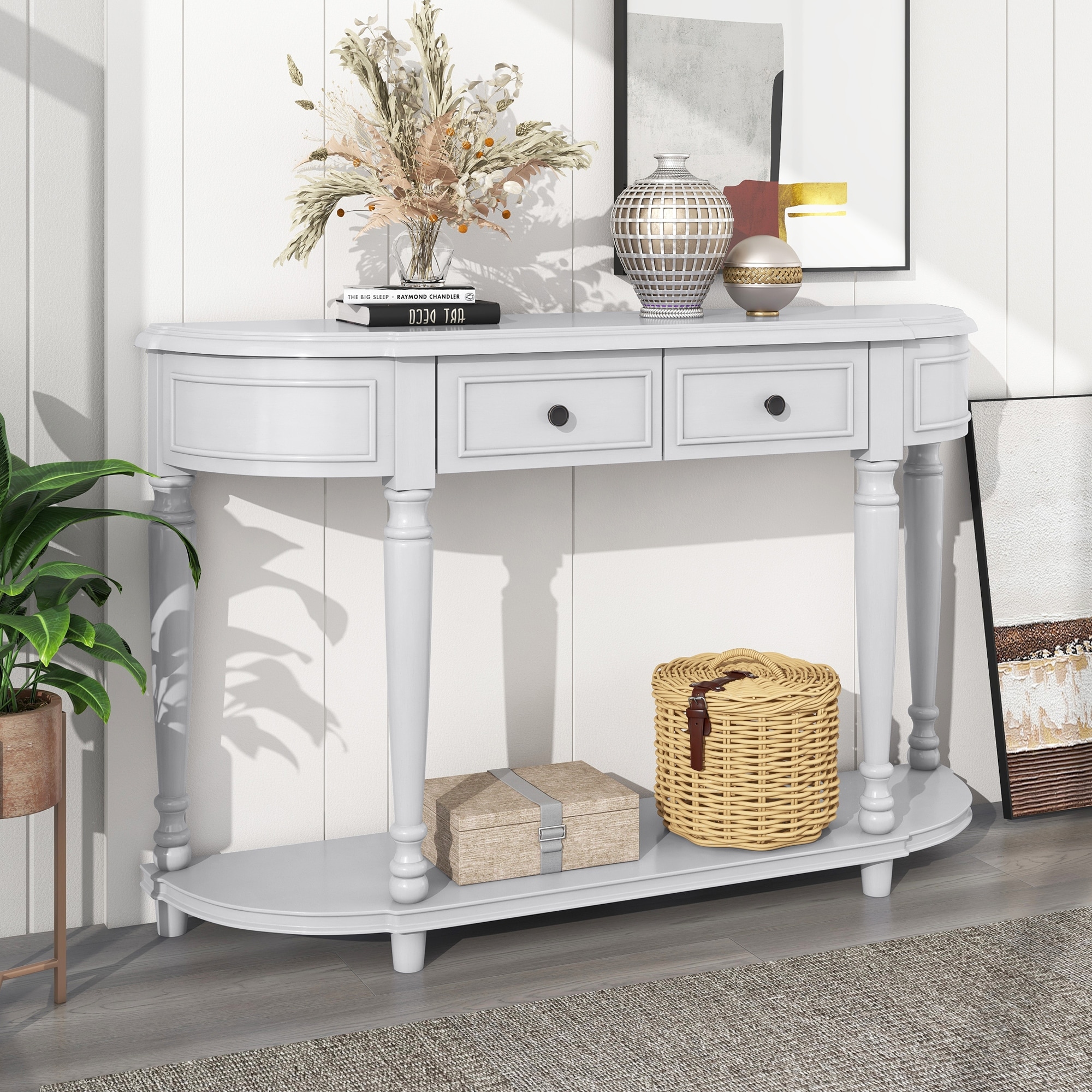 Circular Curved Console Table with Open Style Shelf and Drawers - Bed ...
