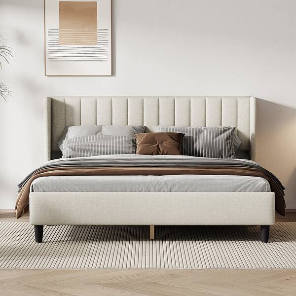81"L King Size Wingback Platform Bed Frame with Headboard with Wood ...