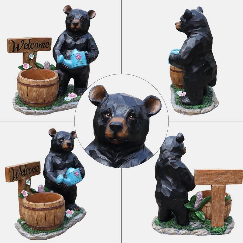 Outdoor Garden Sculpture Bear Flower Pot Planter - Unique Yard Statue ...