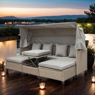 4-Piece UV-Proof Patio Sofa Set with Canopy, Cushions and Table, Brown ...