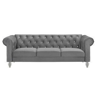 Xyla 81 Inch Modern Accent Sofa, Crystal Tufted, Smooth Gray Polyester ...