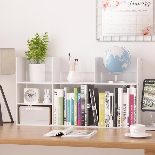 6 Compartment Wood Plastic Composite Office Desk Organizer Book Storage White