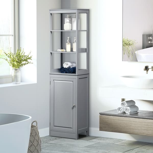 Tall Bathroom Storage Cabinet, Grey Freestanding Linen Tower with 3 ...
