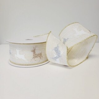 25 Yards X 2.5″ Cream With Gold And Silver Glitter Deer Ribbon - Bed ...
