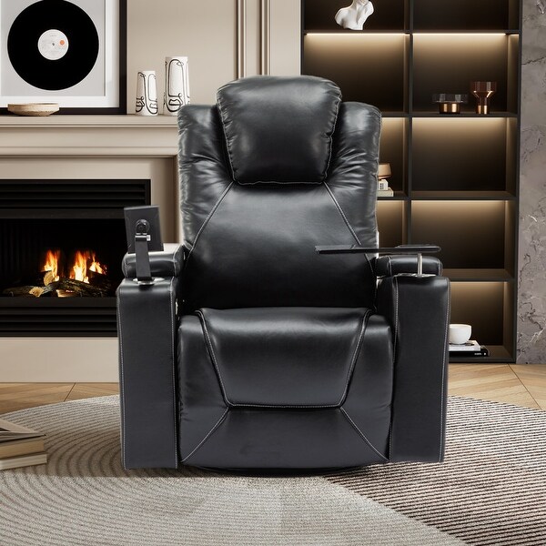 270 Swivel PU Leather Power Recliner with Surround Sound Cup Holder Removable Tray Table Hidden Arm Storage On Sale Bed Bath Beyond 39863994