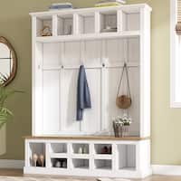 Hall Tree Hallway Storage Bench with Shoe Cubbies and Coat Rack with 6 ...