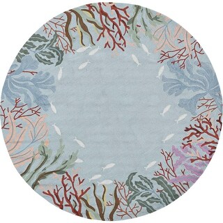 8' Blue Hand Hooked Bordered Coral Reef Indoor Runner Rug - 3'6" - Bed ...