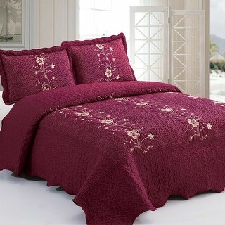 3Pcs Embroidery Quilts Bedspreads Set Bedding Coverlet King Burgundy ...