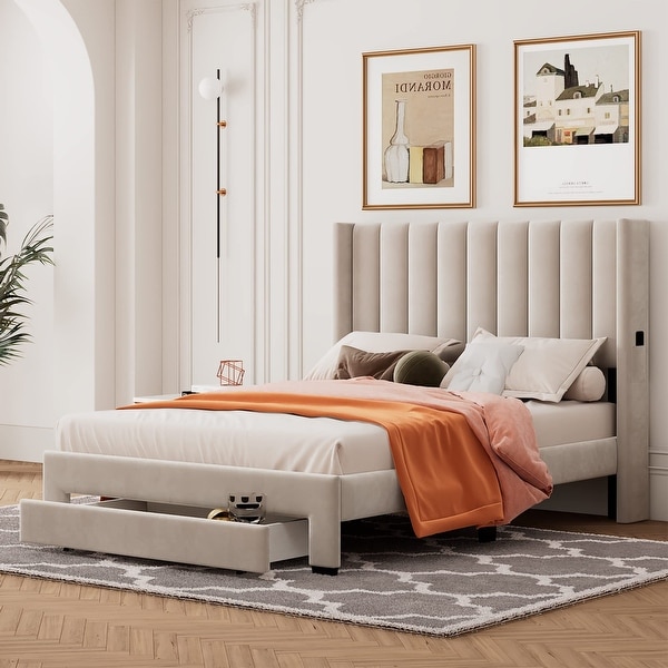 Full Size Bed Frame Velvet Upholstered Platform Bed Frame Full with Headboard and Storage Drawer No Box Spring Needed Bed Bath Beyond 38149545