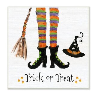 Stupell Trick Or Treat Phrase Whimsical Striped Witch Socks Wood Wall ...