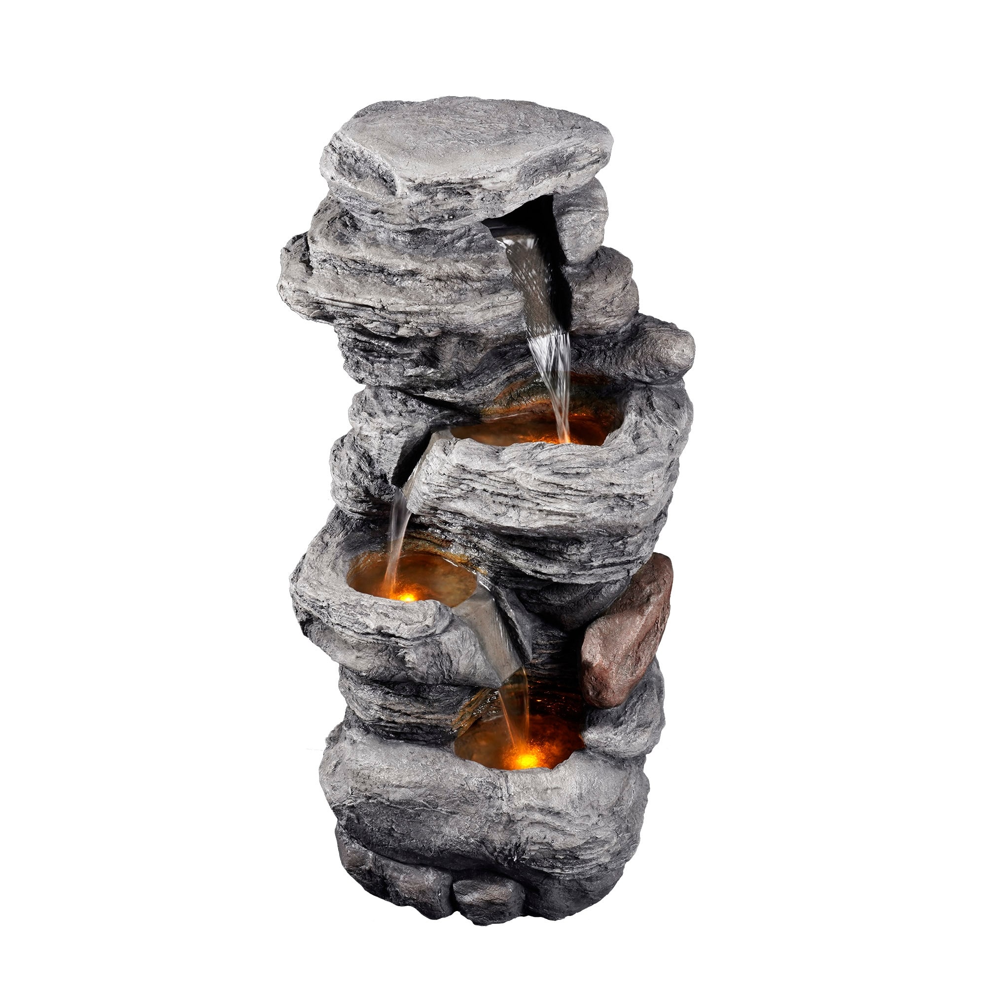 Indoor/Outdoor 4-Tier Stacked Stone-Look Tall Waterfall Fountain with ...