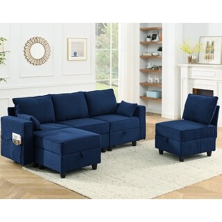 Navy Corduroy Sleeper Storage Sofa Corner Couch for Living Room - Bed ...