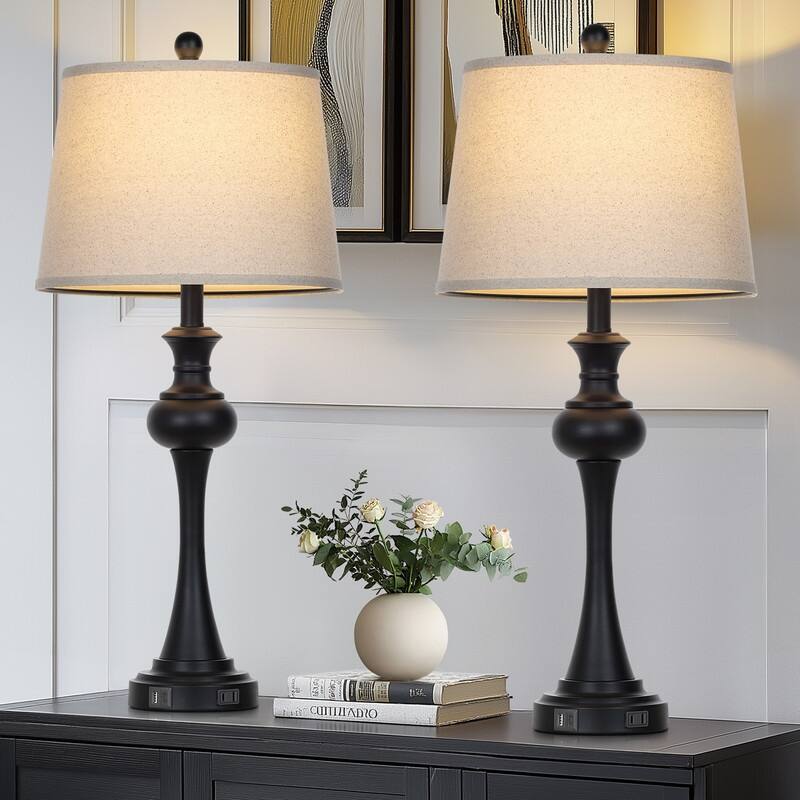 Set of 2 Traditional 27.5-Inch Table Lamps with USB & Type-C Ports and ...