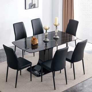 7-Piece Sets Faux Marble Dining Table Set with MDF Base and 6 PU Chairs ...