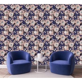 Dark Blue Wallpaper with Pink Flowers Peel and Stick and Prepasted ...