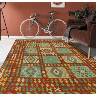 Hand-Woven Sangat Kilim Danagul Rust/Green Rug - 8'0" x 9'6" - Bed Bath ...