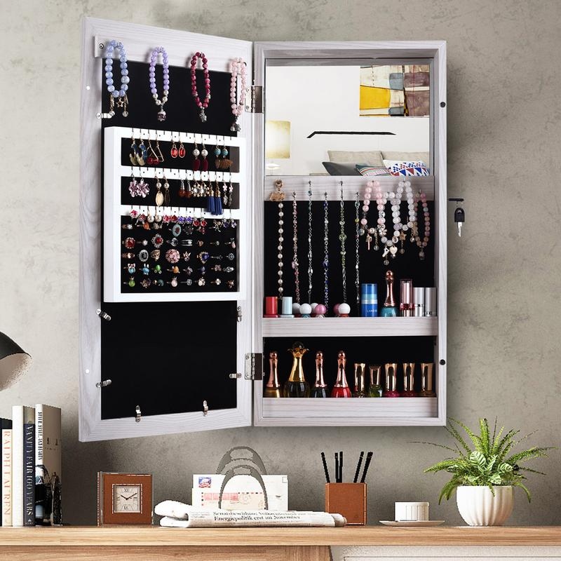 G10000079 24 Inch White Wall Mounted Lockable Mirrored Jewelry Armoire Cabinet Women s