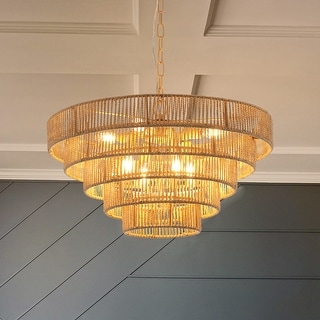 Cusp Barn Modern Farmhouse Hand-Woven Rattan Tiered Chandelier, Large Natural Boho Style Pendant ...