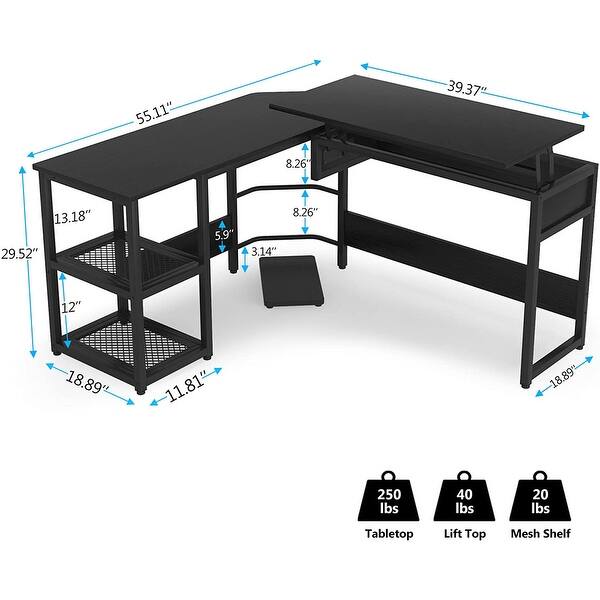 L-Shaped Computer Desk with Lift Top, 59 inch Height Adjustable Office ...