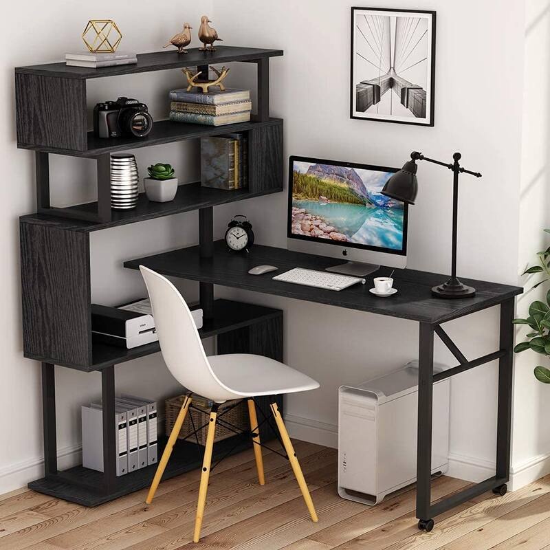 Rotating L Shaped Computer Desk with 5 Shelves Bookshelf - Overstock ...