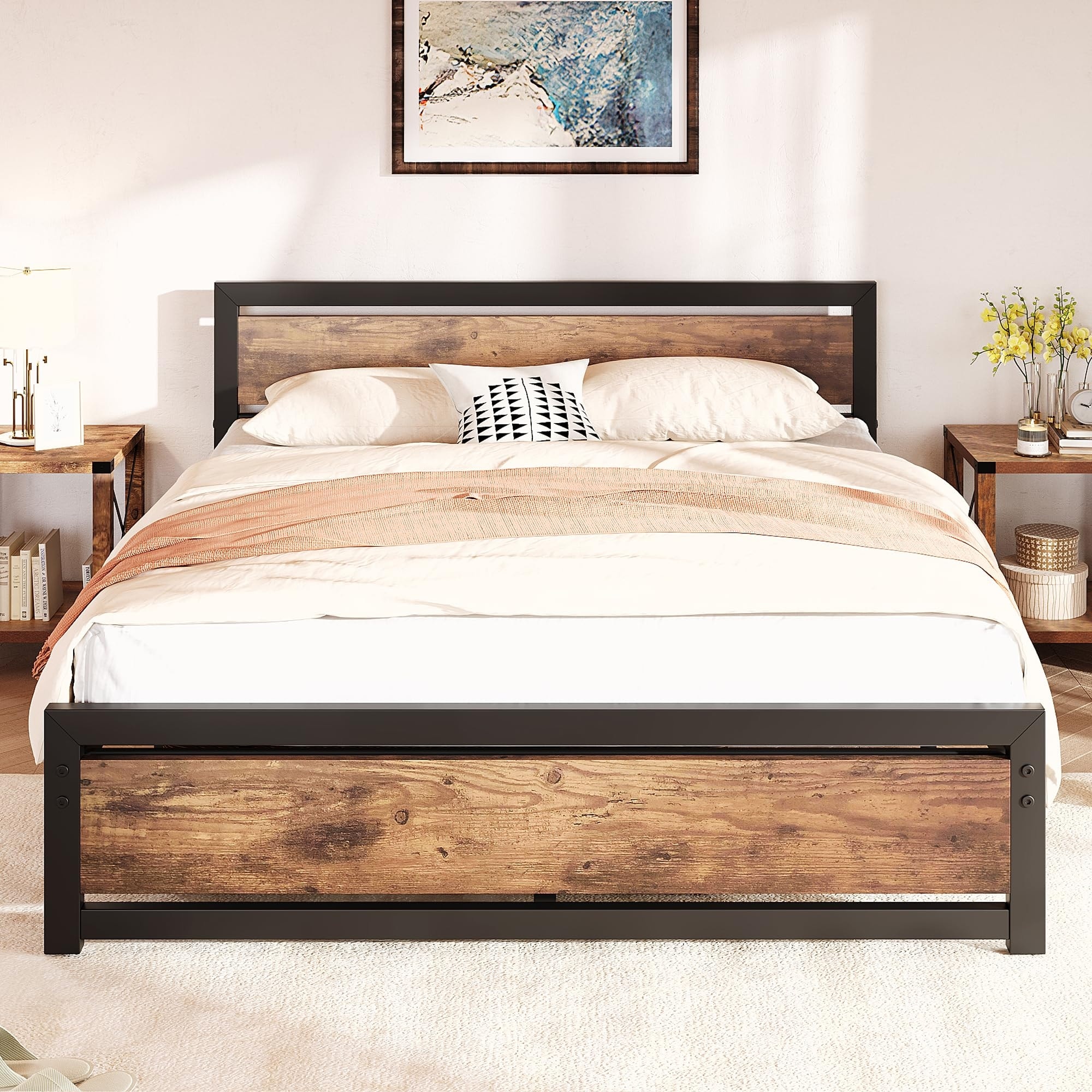 Full Size Bed Frame Platform with Headboard Industrial 14 inch Full Bedframe No Box Spring Needed Retro Brown On Sale Bed Bath Beyond 41294883