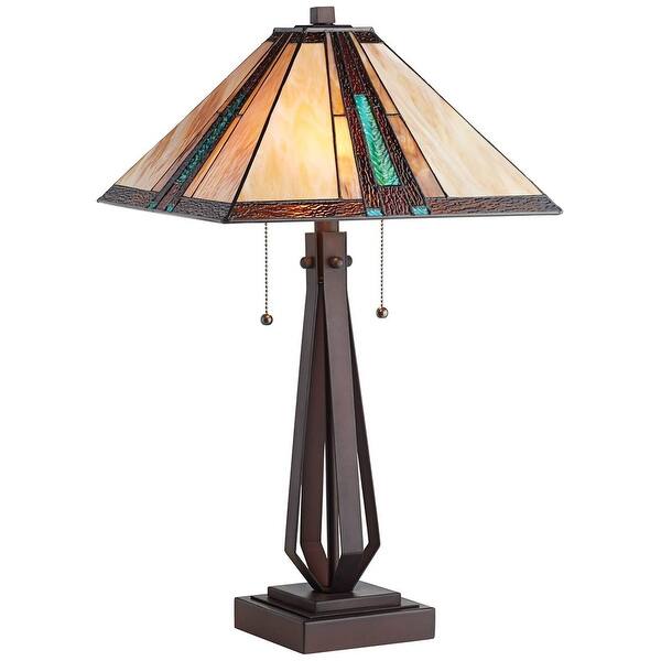 Bronze Finish Pull Chain Table Lamp with Art Glass Shade - 24" x 15 ...